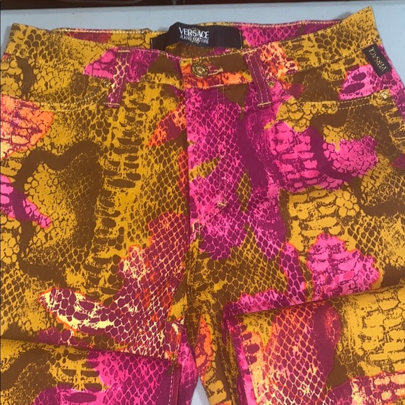 Versace | Pants & Jumpsuits | Versace Pink And Yellow Snake Print Pants ...